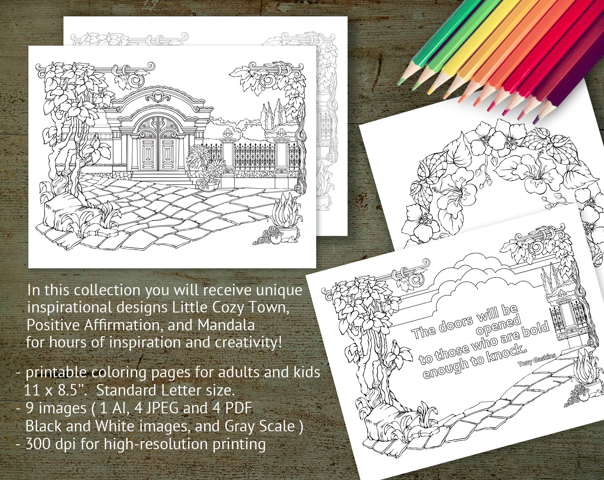 Little Cozy Town, Coloring Page, Printable Adult Coloring Books PDF ...