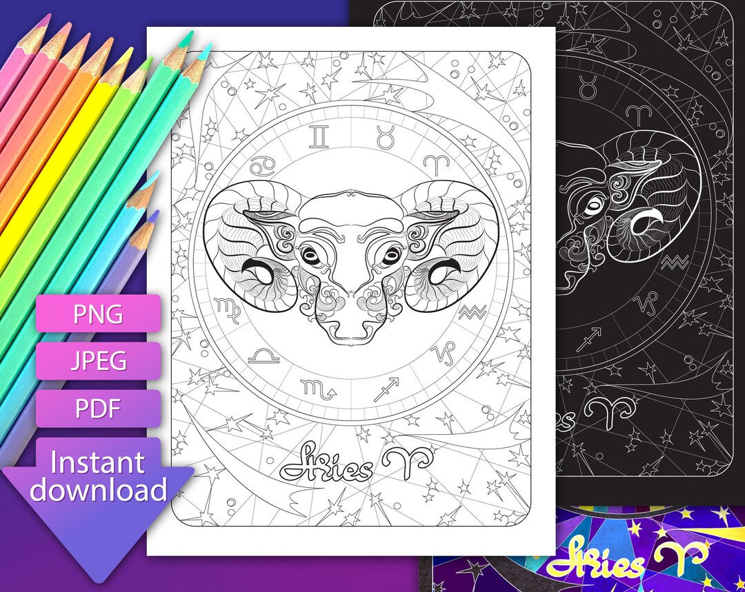 Aries Zodiac Sign Printable Coloring Pages Adult. Astrology Gift ...