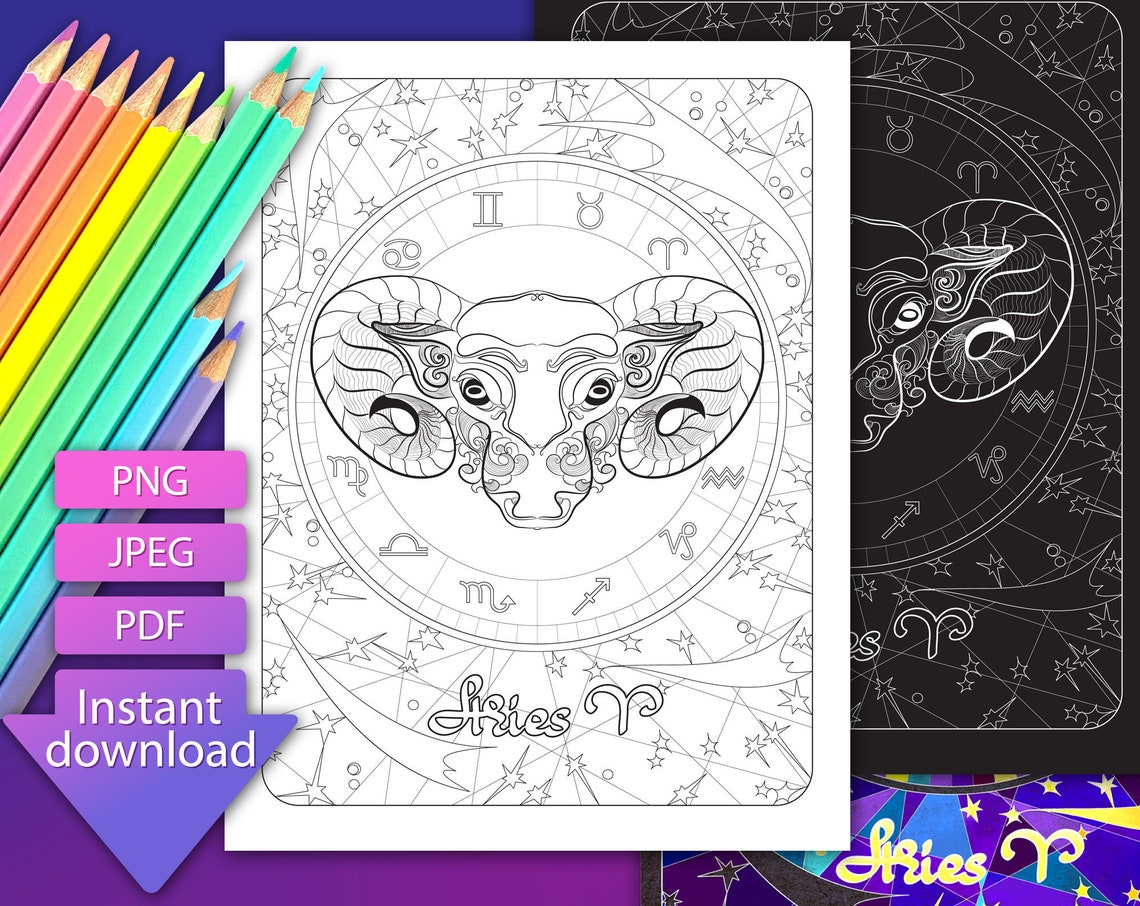 Aries Zodiac Sign Printable Coloring Pages Adult. Astrology Gift ...