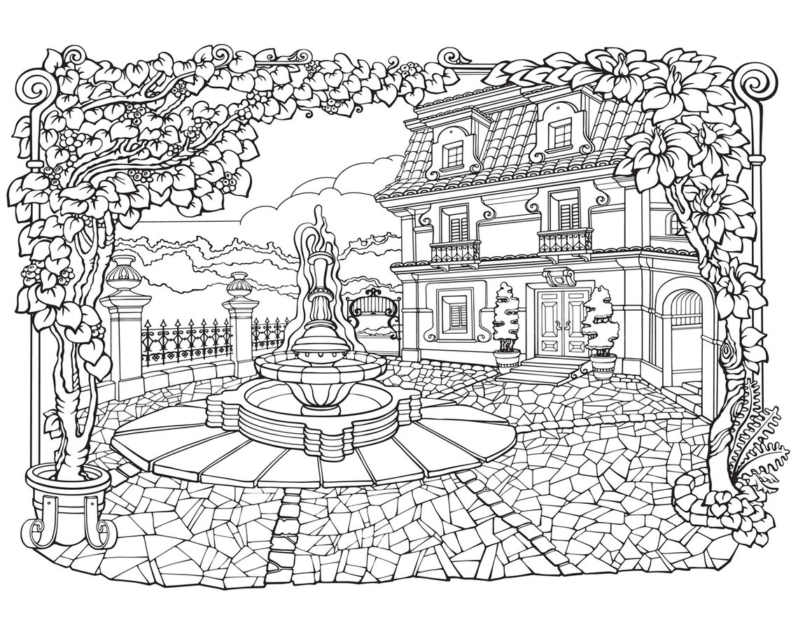 Little Cozy Town, Coloring Page, Printable Adult Coloring Books PDF ...