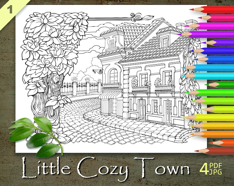 Little Cozy Town, Coloring Page, Printable Adult Coloring Books PDF ...