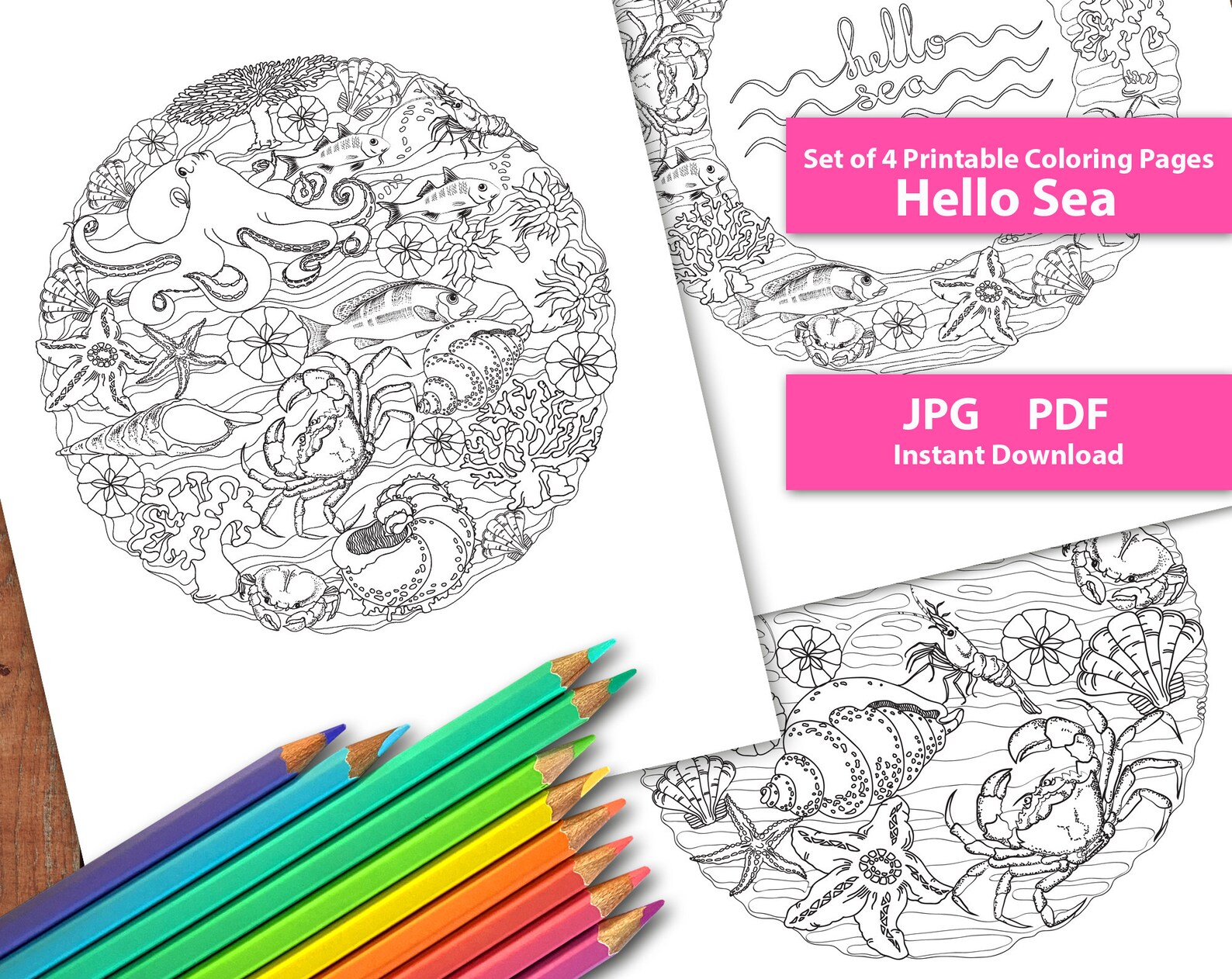 Hello Sea Coloring Pages for Adult. Ocean Print. Coloring Page With ...
