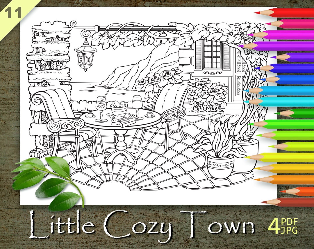 Little Cozy Town, Coloring Page, Printable Adult Coloring Books PDF ...