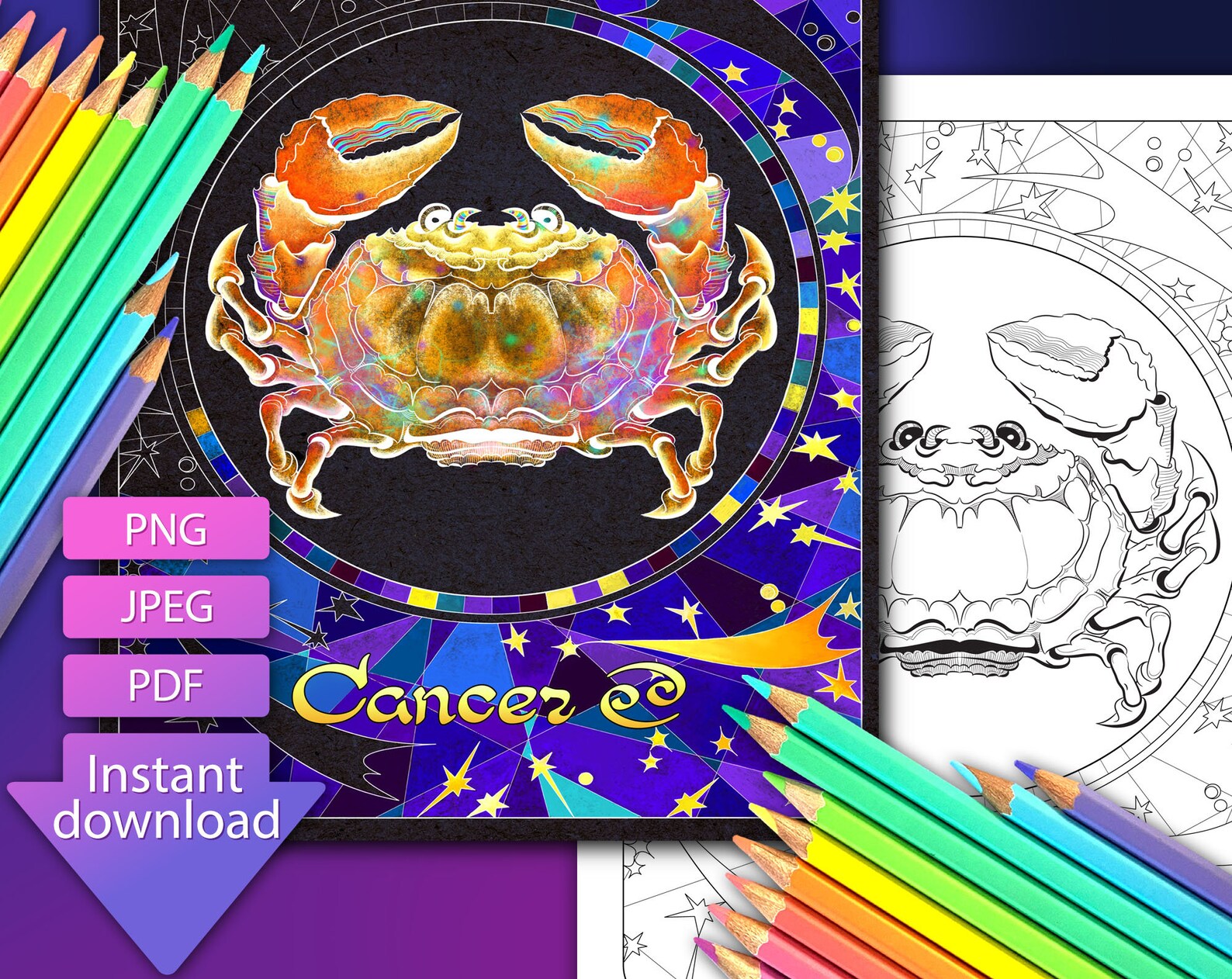 Cancer Zodiac. Coloring Page. Zodiac Sign Print. Adult Coloring Books ...