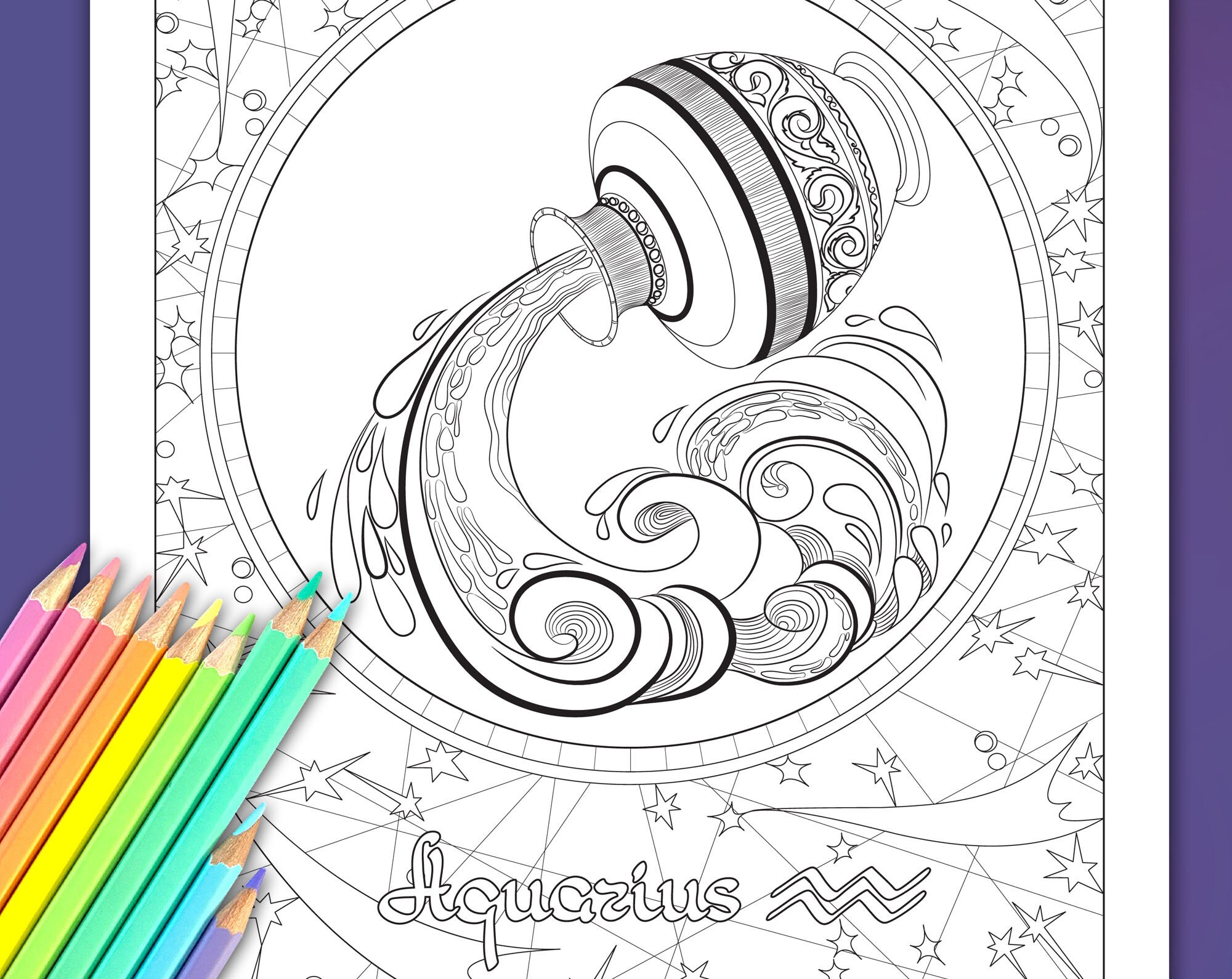 Aquarius Zodiac Sign Printable Coloring Pages Adult. Astrology Gift ...