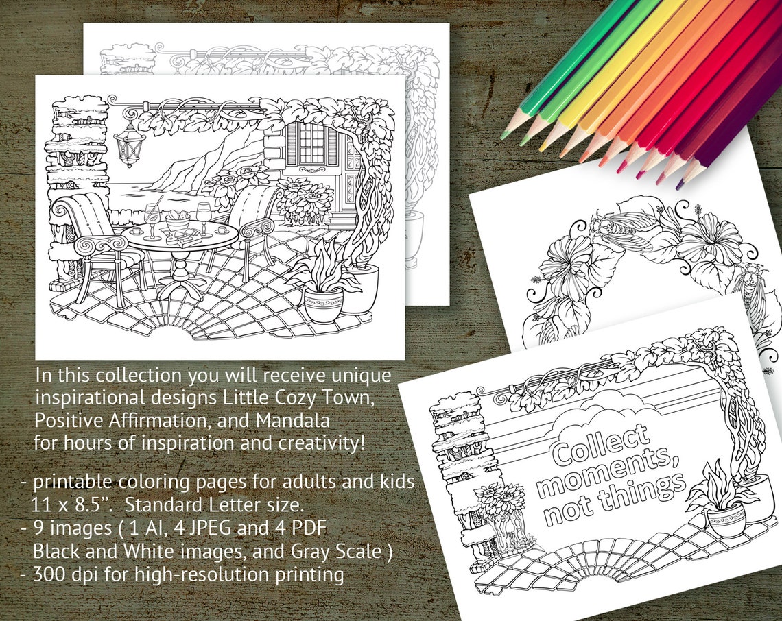 Little Cozy Town, Coloring Page, Printable Adult Coloring Books PDF ...