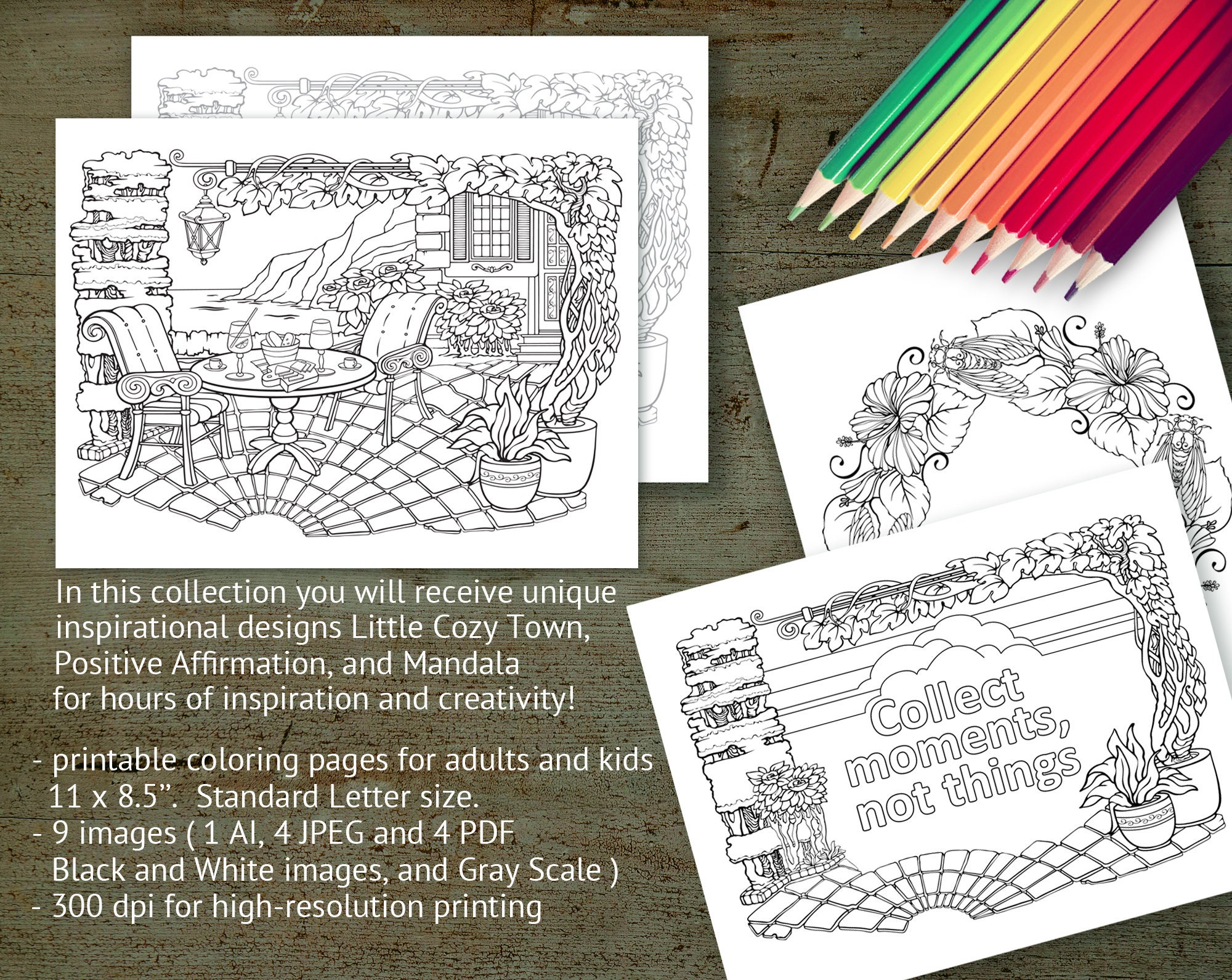 Little Cozy Town, Coloring Page, Printable Adult Coloring Books PDF ...