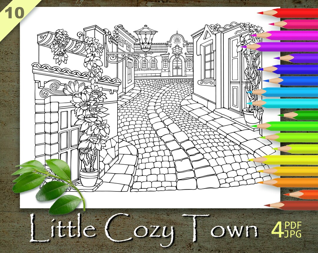 Little Cozy Town, Coloring Page, Printable Adult Coloring Books PDF ...