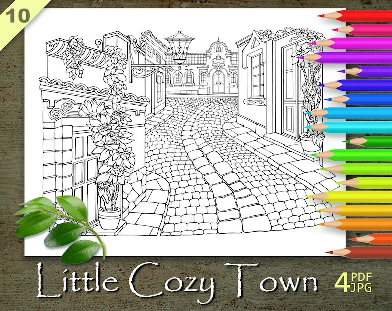 Little Cozy Town, Coloring Page, Printable Adult Coloring Books PDF ...
