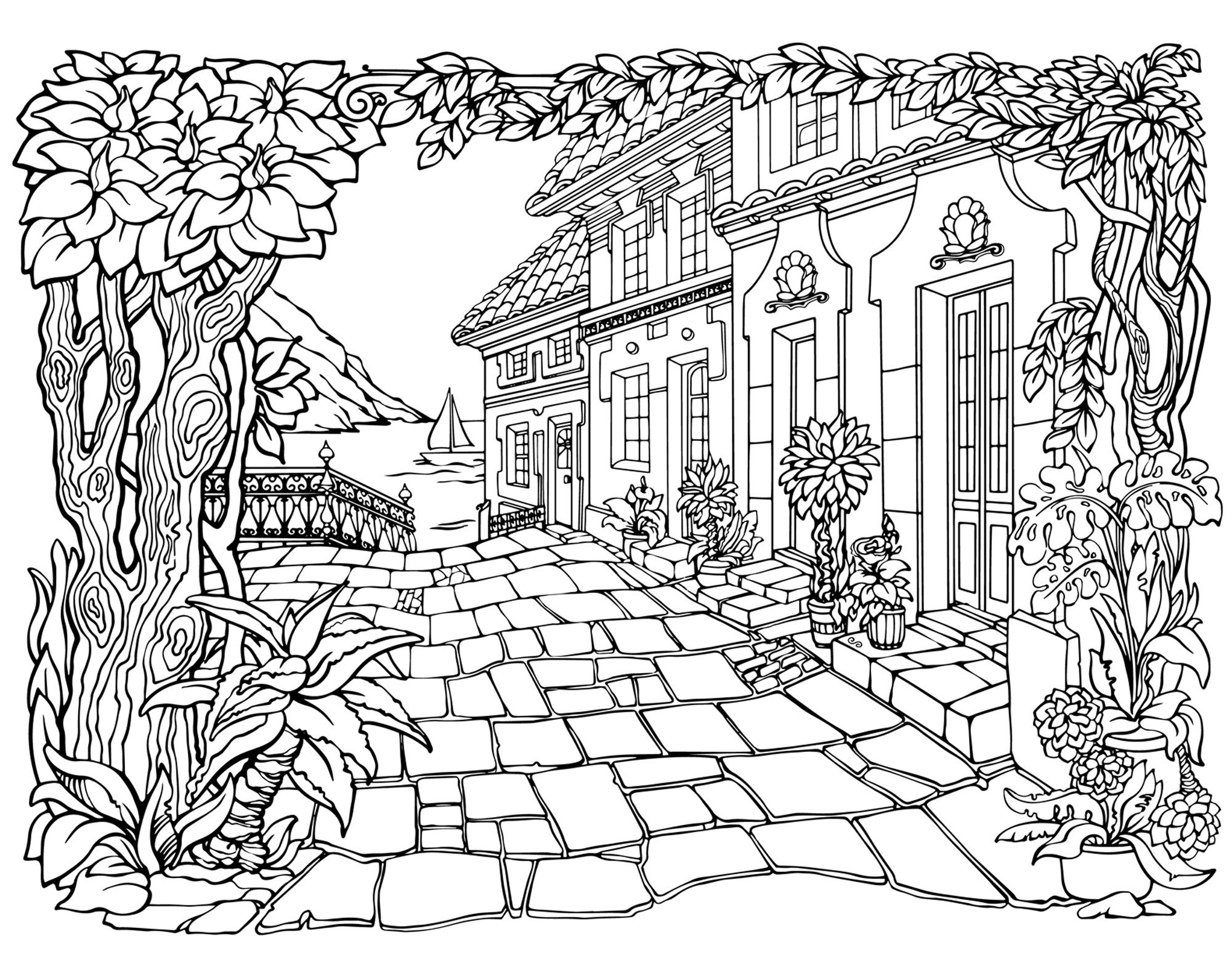 Little Cozy Town, Coloring Page, Printable Adult Coloring Books PDF ...