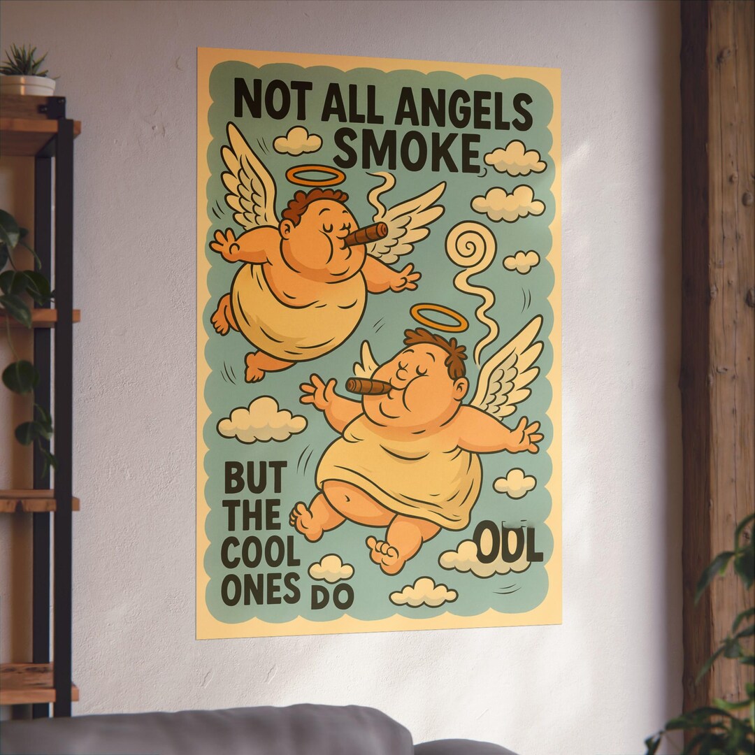 Funny Angel Smoking Poster Cool Retro Cartoon Wall Art Print Quirky ...