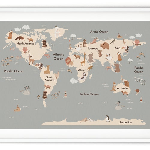 Animal World Map Print Map Wall Art Educational Print | Etsy