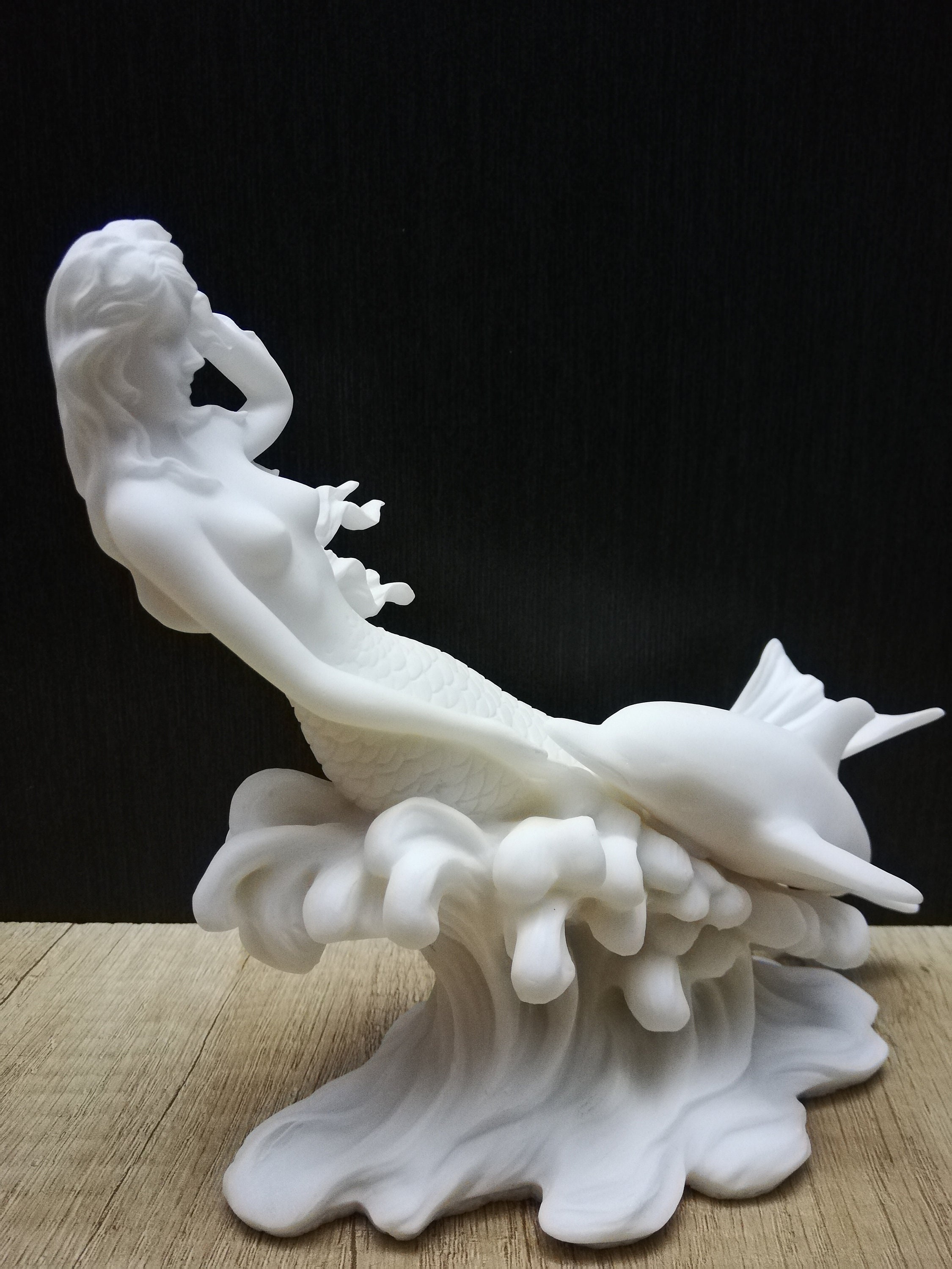 Mermaid on a Wave With a Dolphin 17cmh 19cmw Alabaster - Etsy