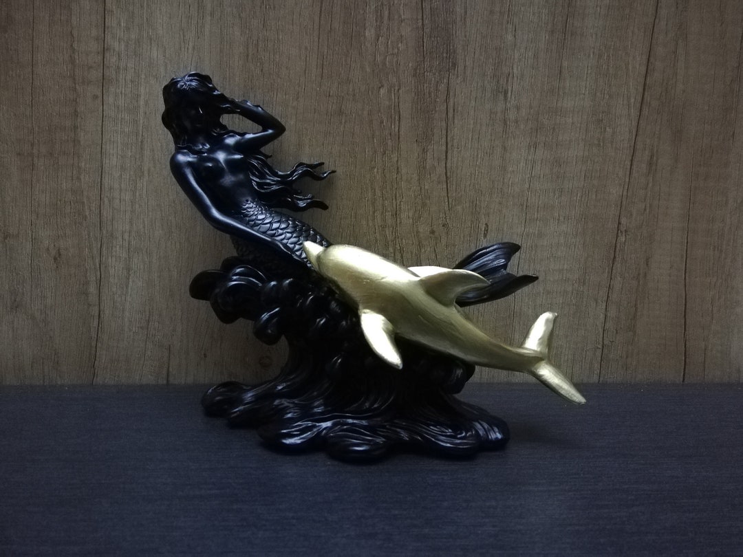 Mermaid on a Wave With a Dolphin 17cmh 19cmw Alabaster Handmade ...