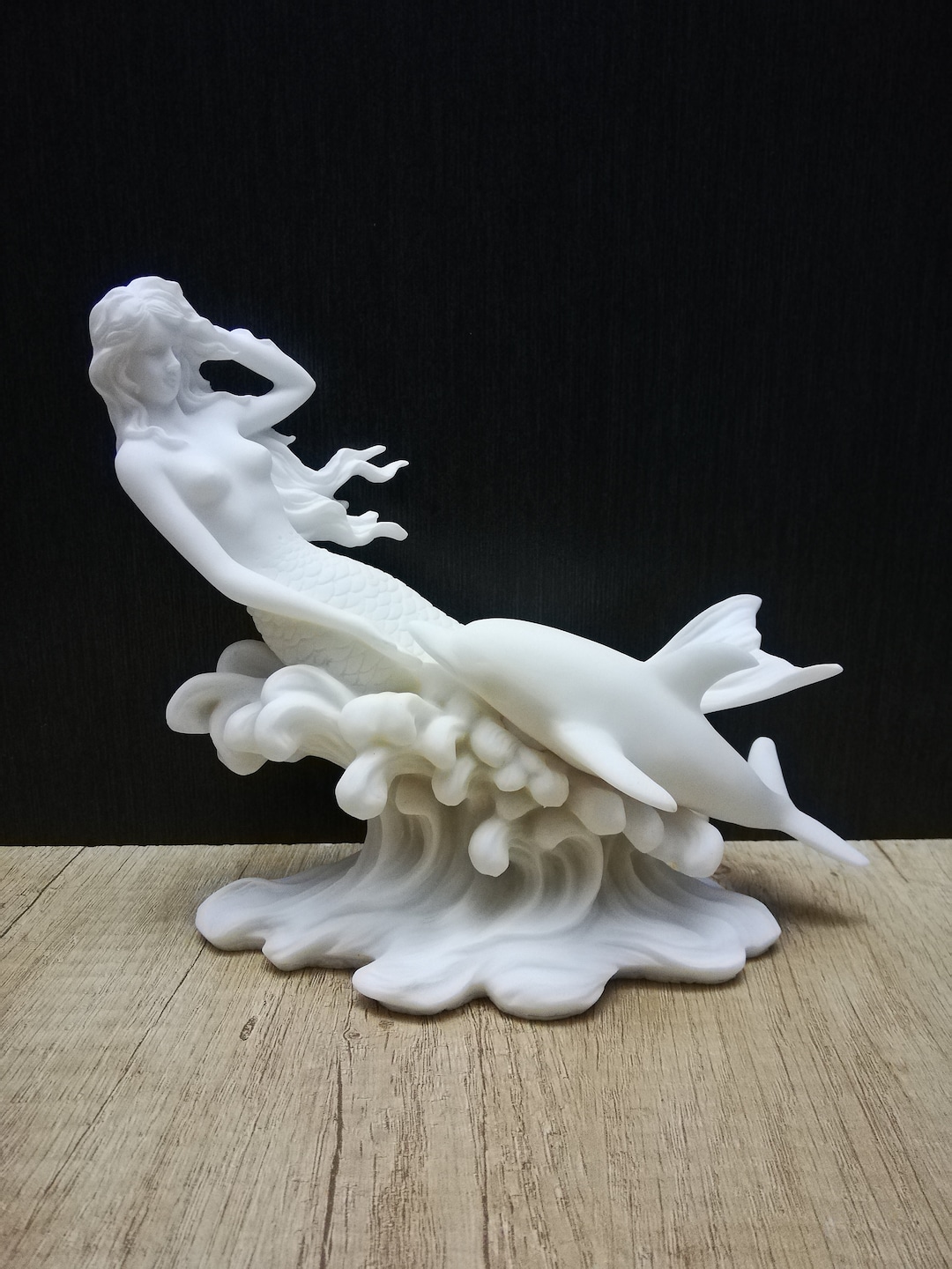 Mermaid on a Wave With a Dolphin 17cmh 19cmw Alabaster Handmade ...