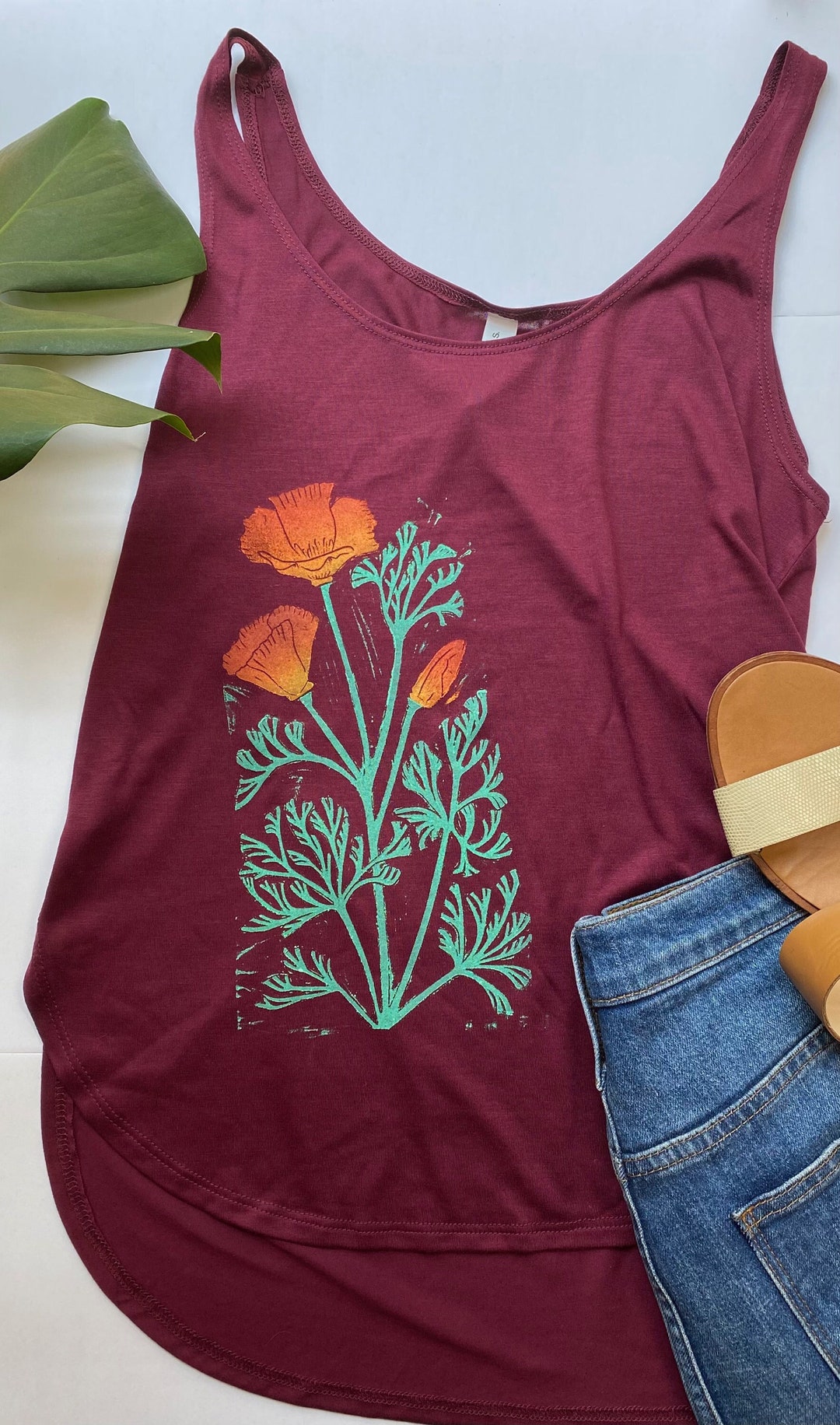 Hand Block Printed Poppy Flowy Side-split Tank Top Maroon - Etsy