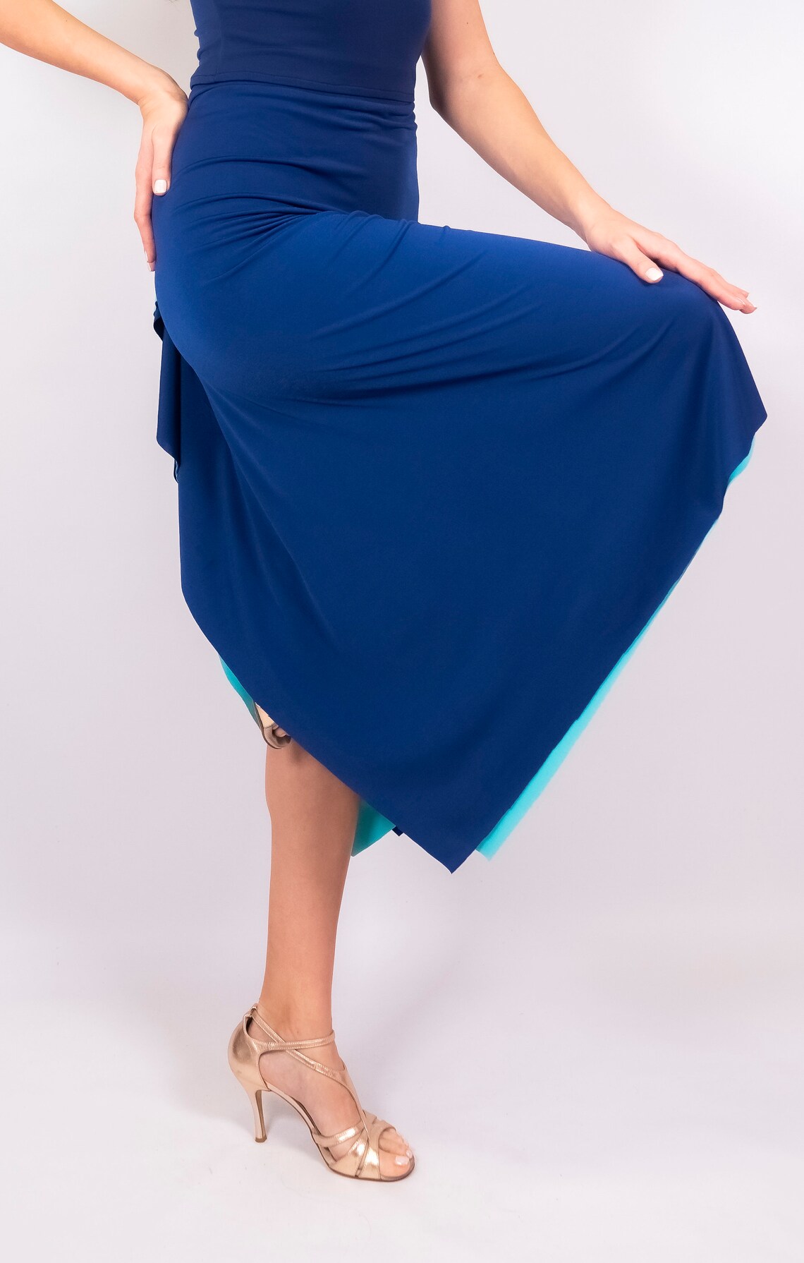 Chique Dancewear Nyla Dark Blue & Turquoise Fish Tail Asymmetric Tango ...