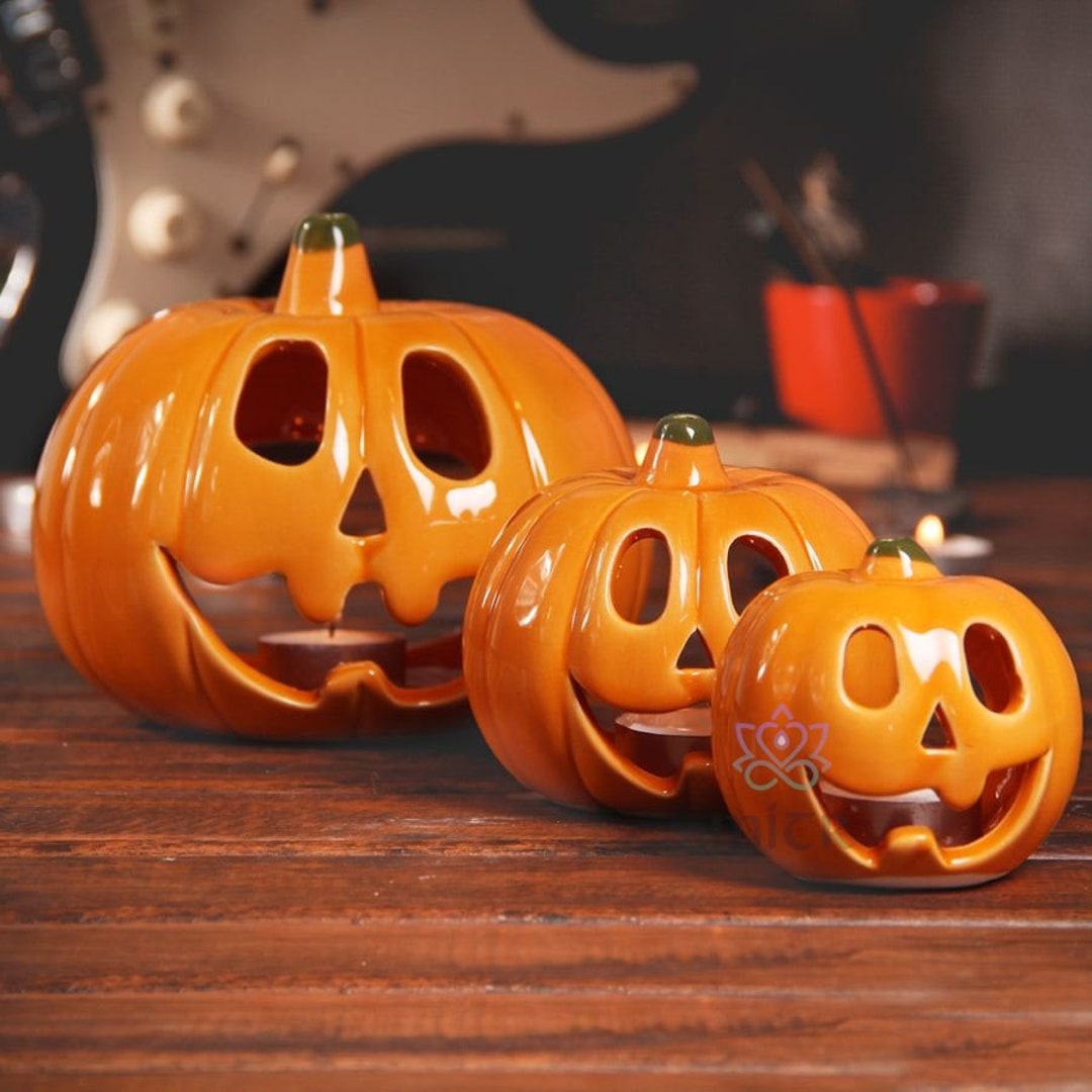 Set of 3 Ceramic Halloween Pumpkin Set, Candle Holder,halloween ...