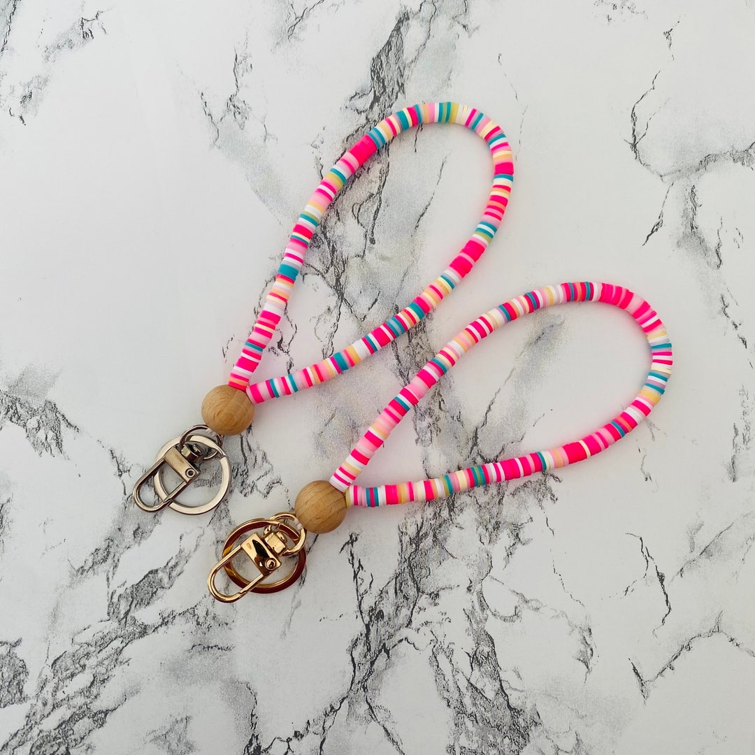 Heishi Keychain Bracelet, Cotton Candy Pink, Beaded Keychain, Wristlet ...