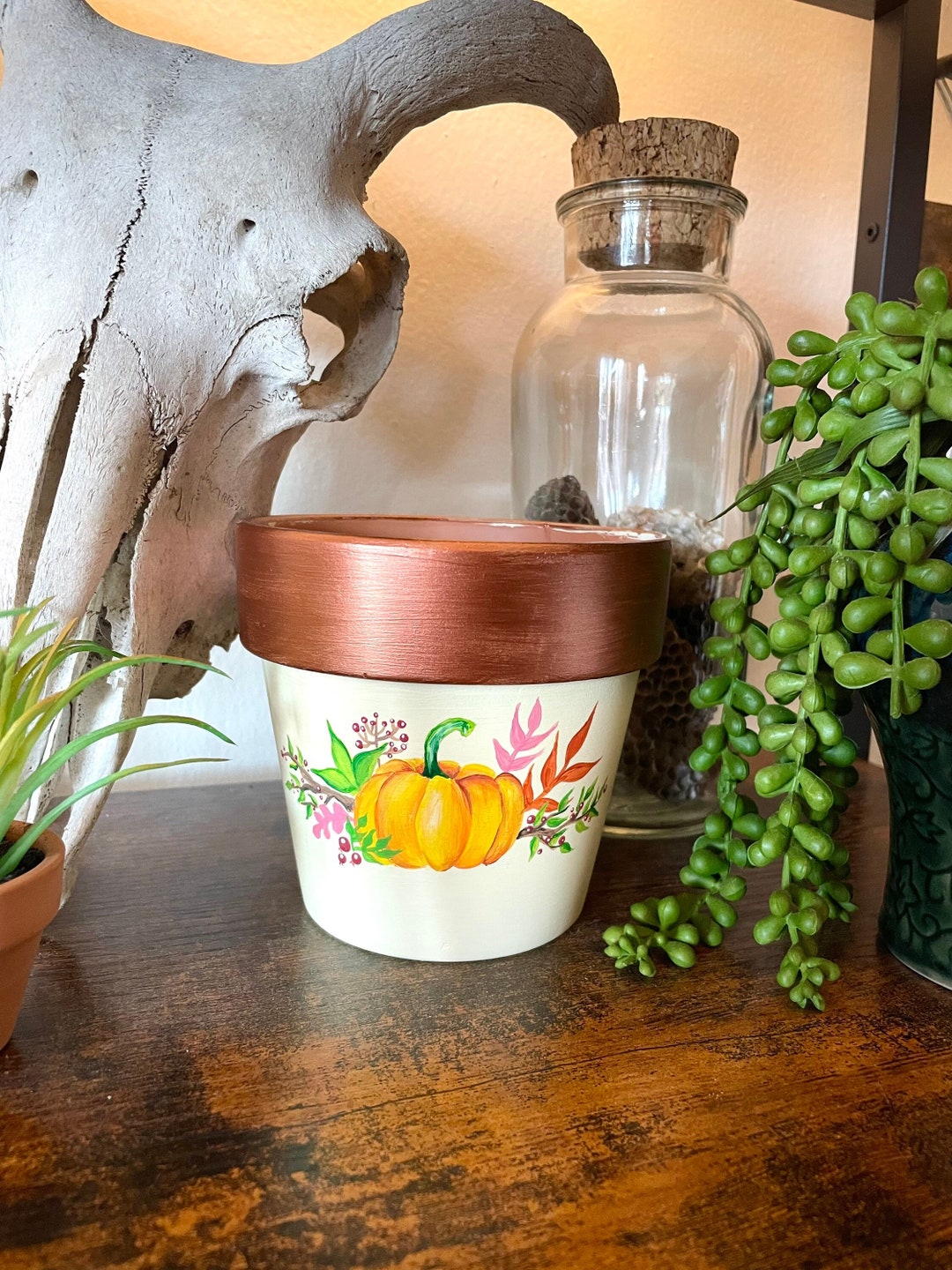 Hand Painted Terracotta Flower Pot: Pumpkin & Autumn Leaves. Indoor ...