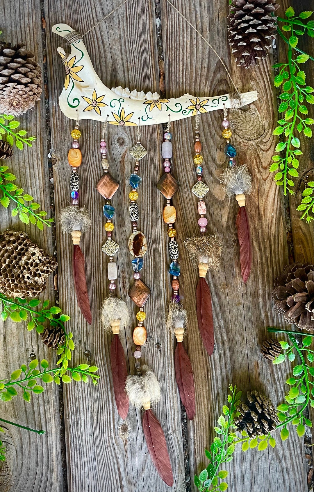 Deer Jaw Wall Hanging: Hand Painted With Beaded Feather Strands ...