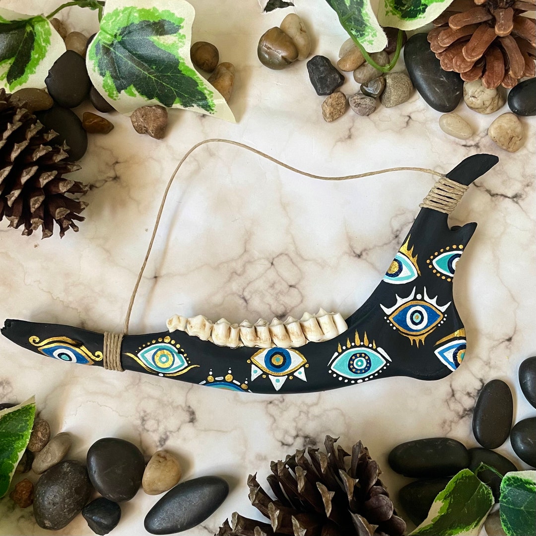 Blue & Gold Evil Eye Wall Hanging, Hand Painted Deer Jaw, Wall Art ...