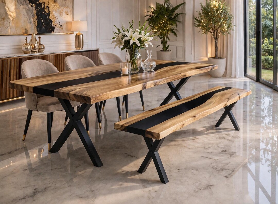 Live Edge Wood and Epoxy Entryway Bench, Modern Wooden Dining Bench - Etsy