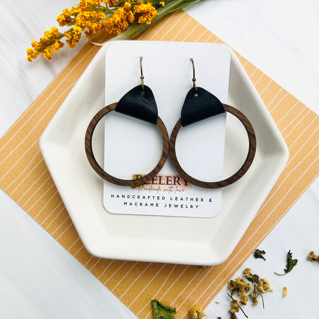 Wooden Round Hoops With Black Leather Cuff, Boho Wood and Leather Hoop ...