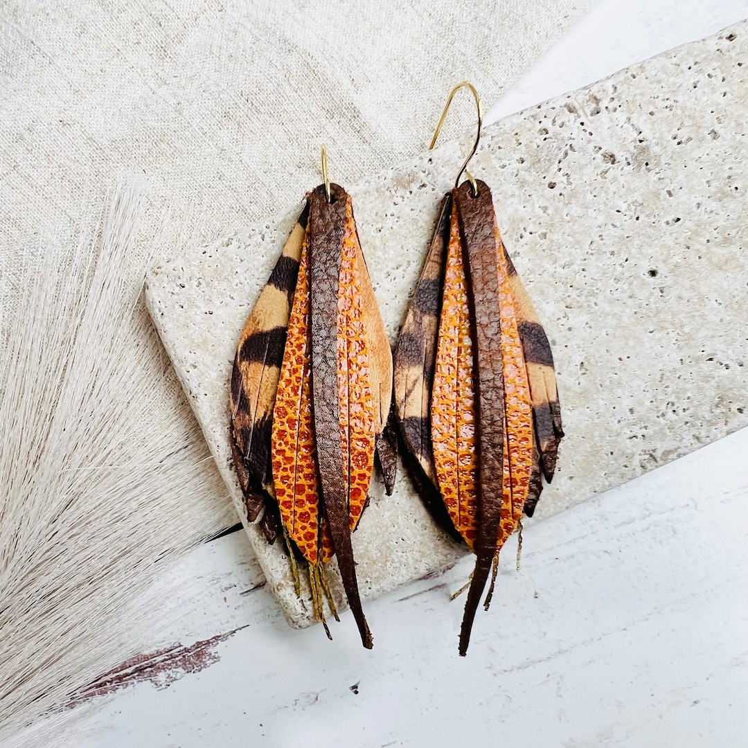 Brown Fringe Leather Earrings Pheasant Feather Earrings Boho - Etsy