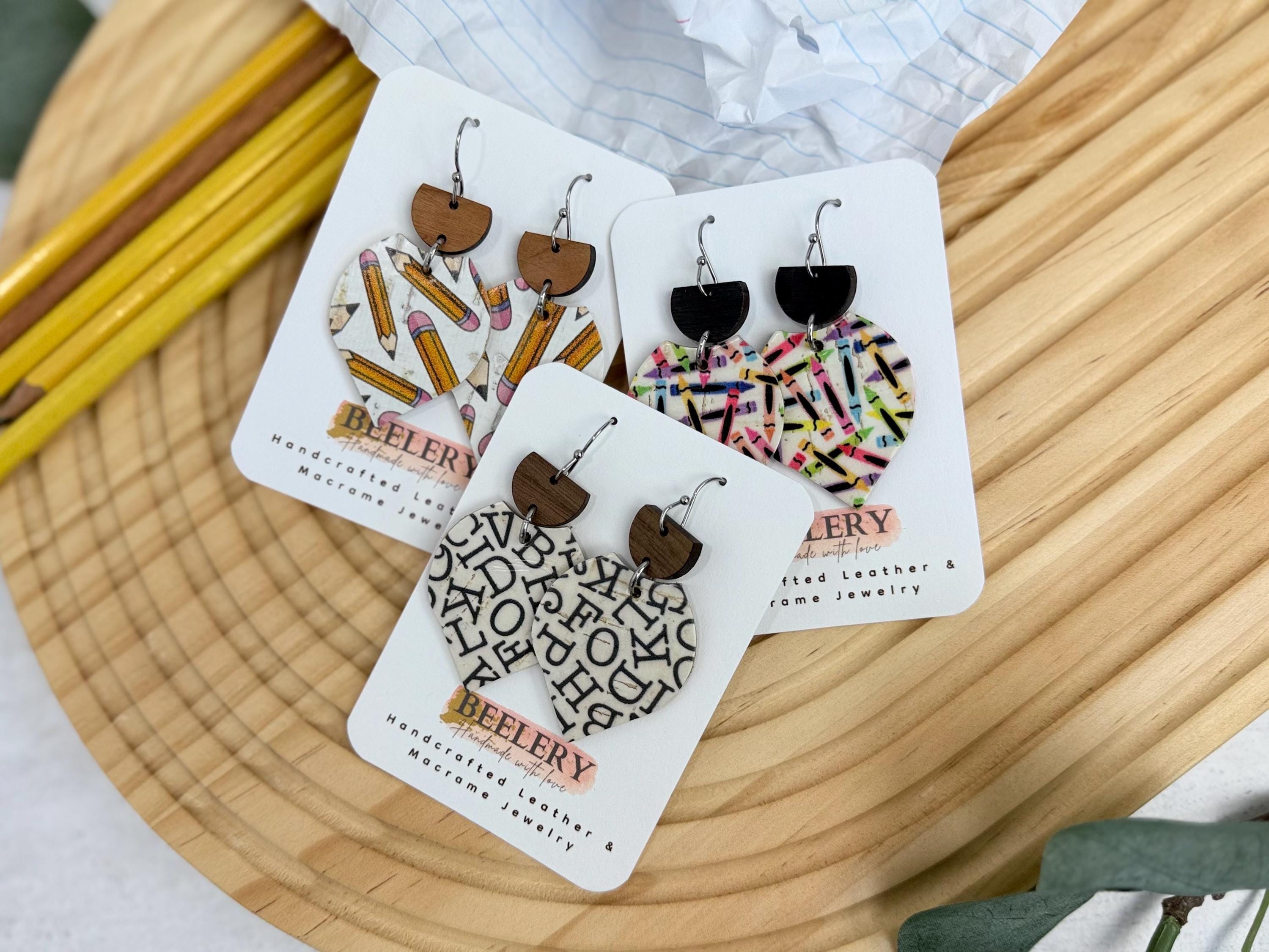 Lightweight Teacher Earrings, Cork, Leather and Wood Statement Dangles ...