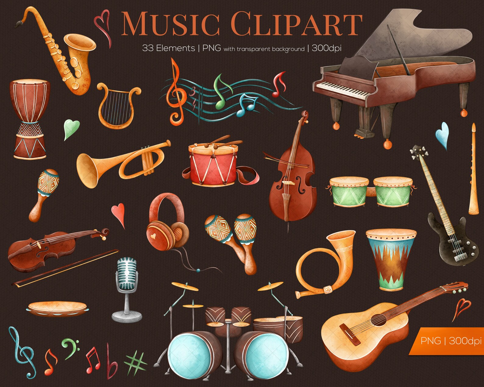 Music Clipart Png Digital Watercolor Musical Instruments - Etsy
