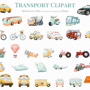Transport Clipart Watercolor Cars Clipart Transport - Etsy