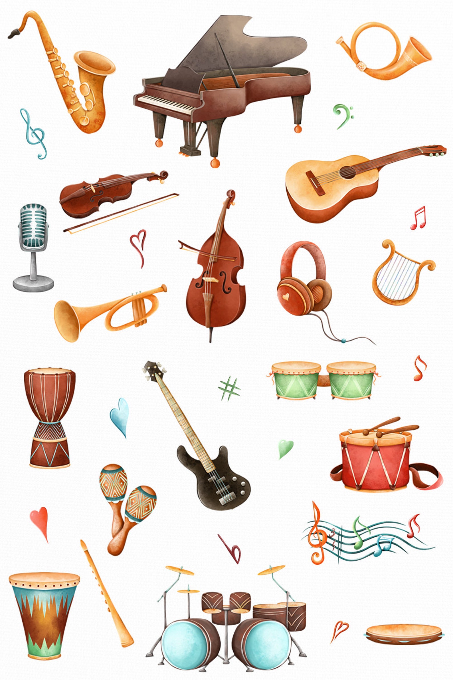 Music Clipart Png Digital Watercolor Musical Instruments - Etsy