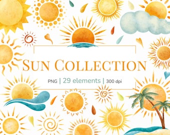 Watercolor Sun Clipart PNG Cute Sun Clip Art Happy Sun - Etsy