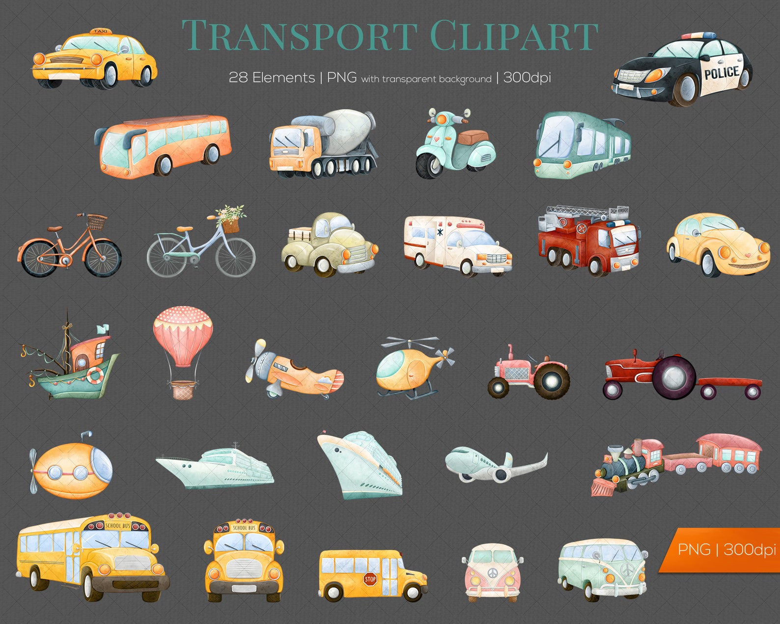 Transport Clipart Watercolor Cars Clipart Transport - Etsy