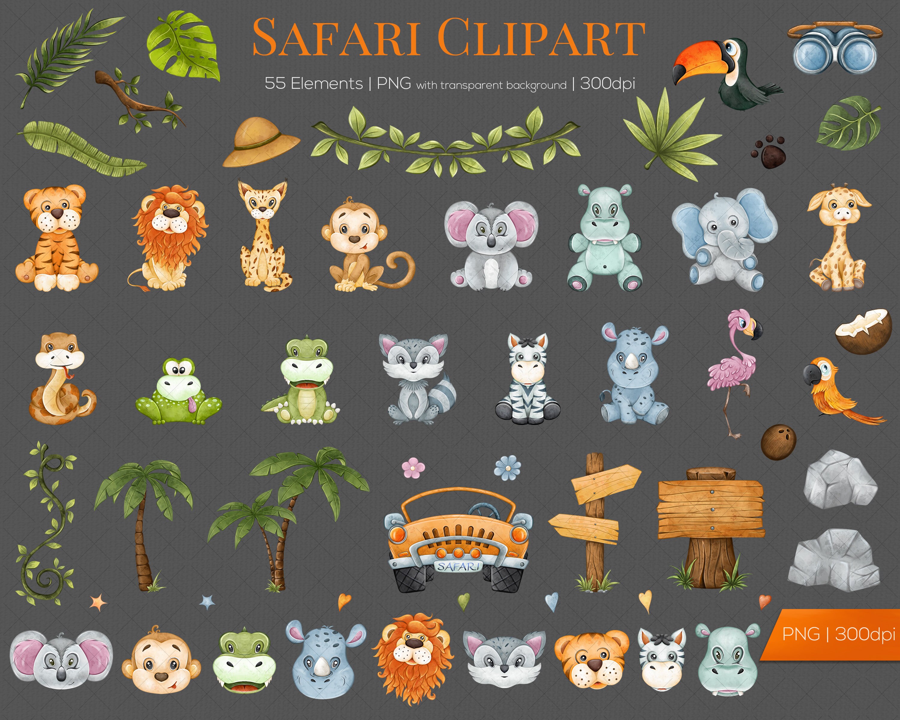Safari Clipart Watercolor Summer Clipart Baby Safari - Etsy