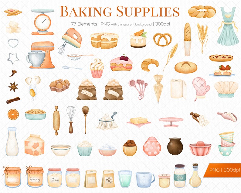 Baking Clipart Kitchen Clipart Watercolor Baking Supplies - Etsy