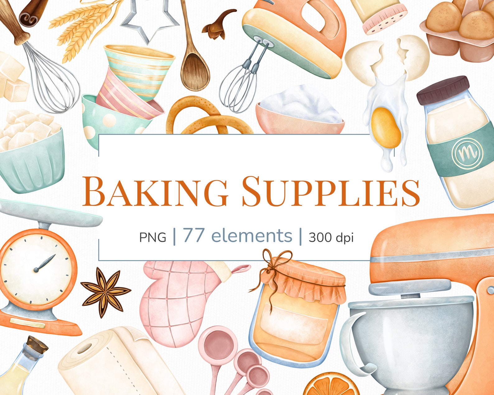 Baking Clipart Kitchen Clipart Watercolor Baking Supplies - Etsy