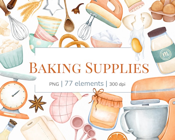 Baking Clipart Kitchen Clipart Watercolor Baking Supplies - Etsy