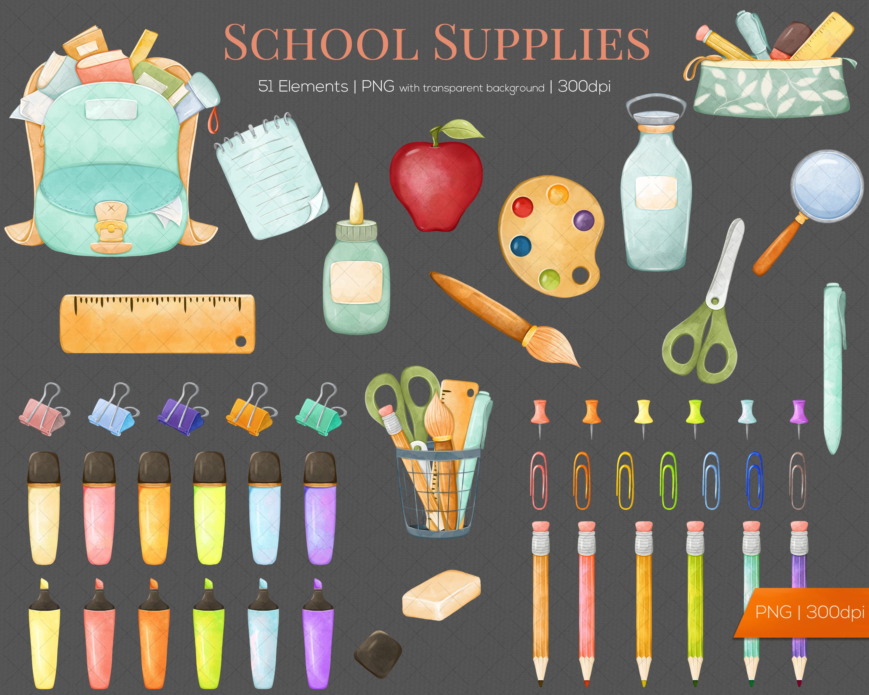 School Clip Art Back to School Png School Supplies - Etsy