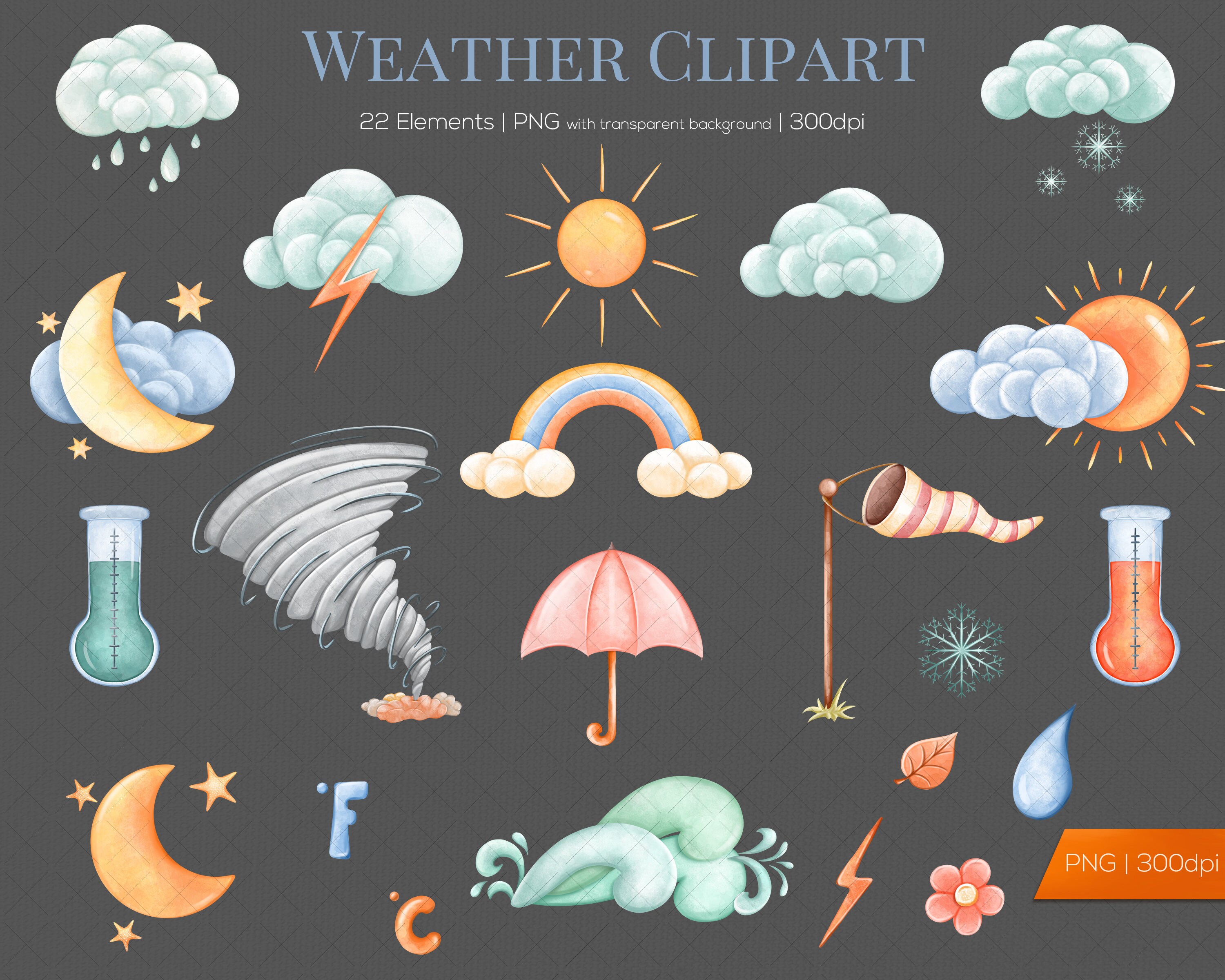 Weather Clipart Png Rainbow Clipart Sun Clipart Cloud | Etsy UK