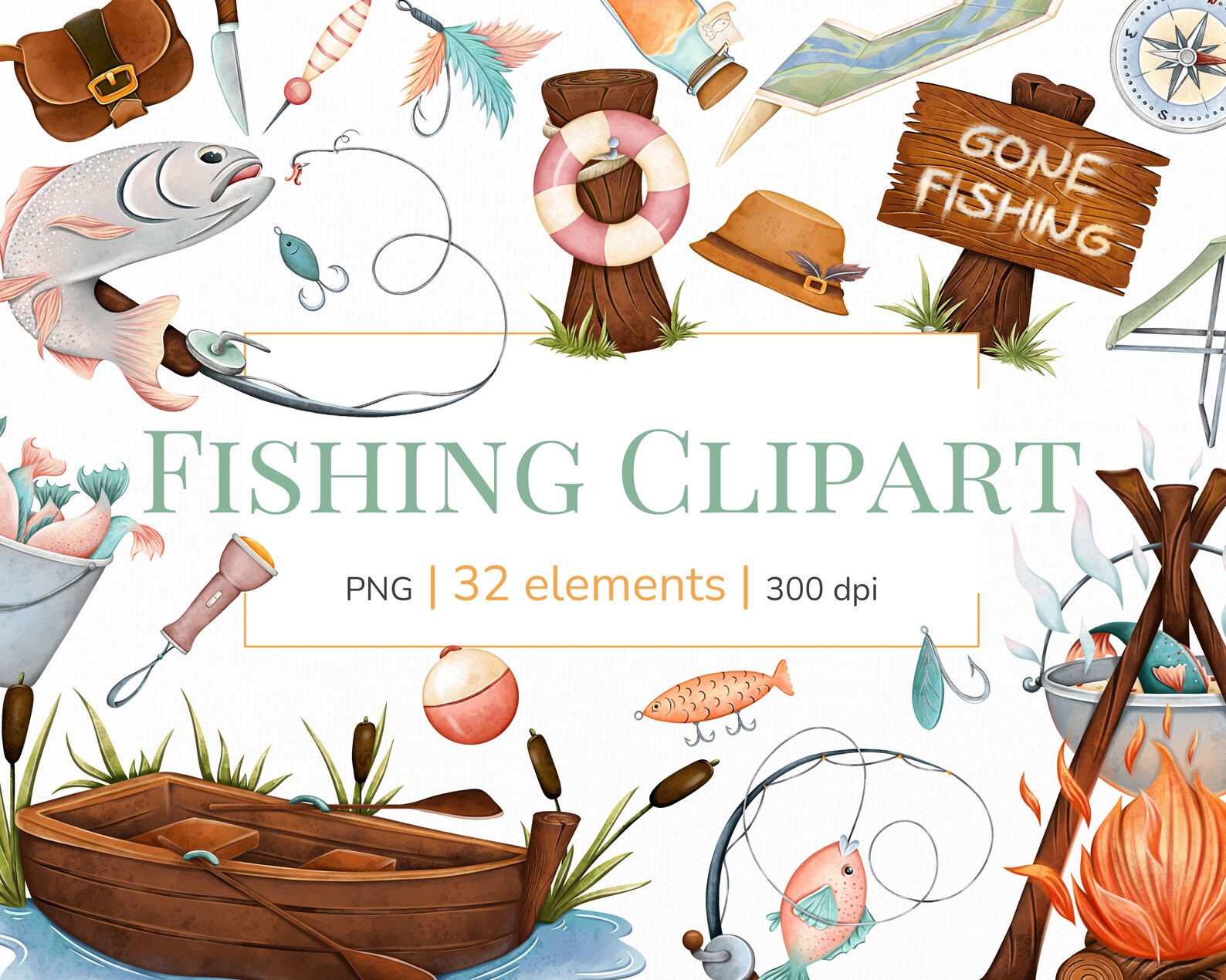 Fishing Clipart Camping Clip Art Watercolor Fishing Supplies Father's ...