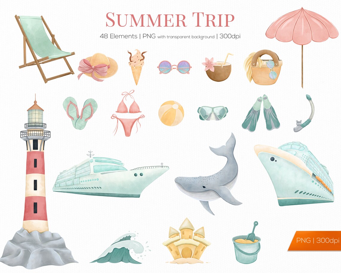 Beach Clipart. Travel Clipart. Summer Clipart Png Files. - Etsy