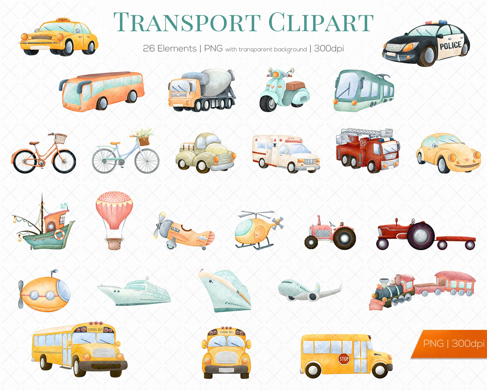 Transport Clipart Watercolor Cars Clipart Transport Clipart Set Vehicle ...