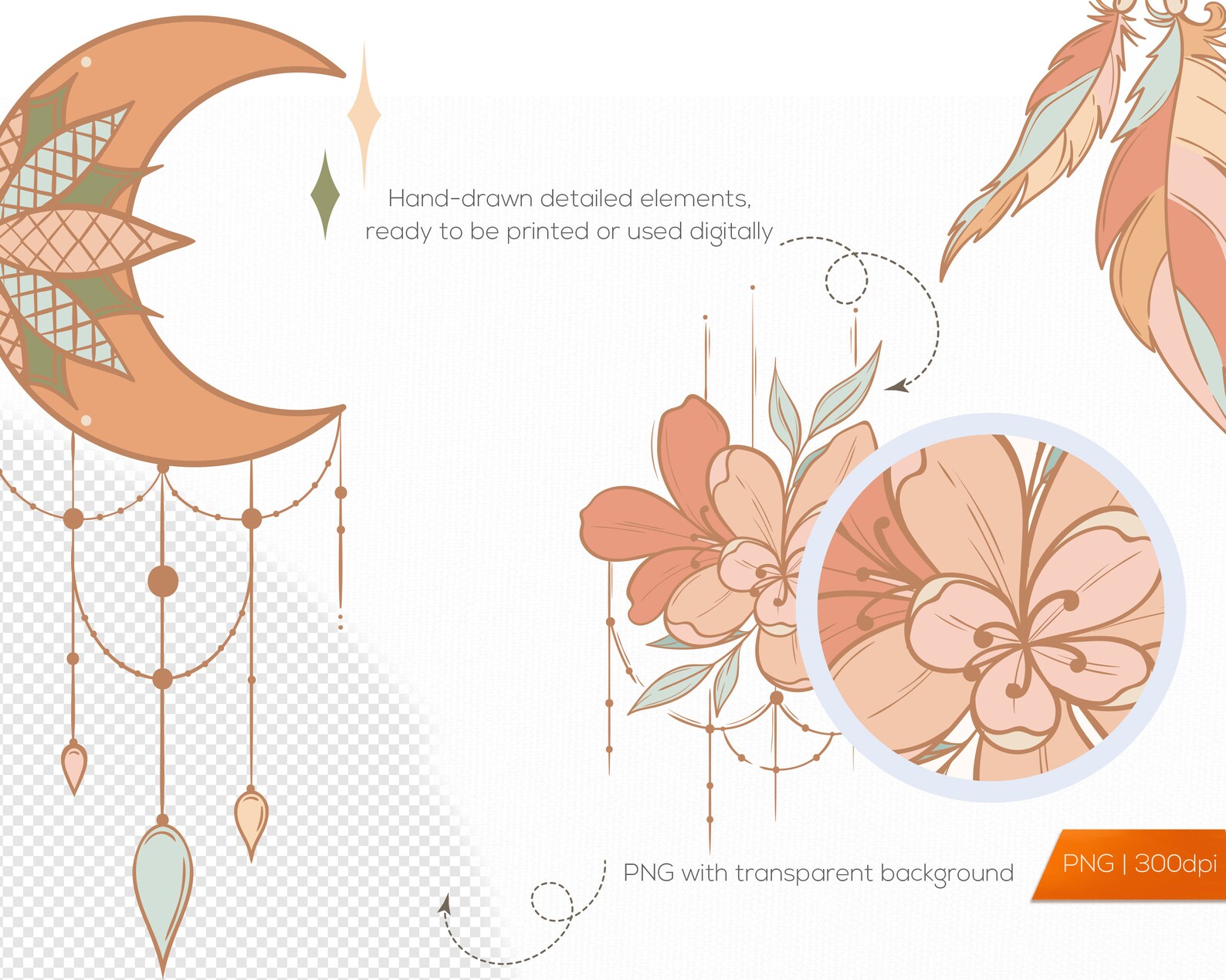 Boho Clipart Mystical Clipart Boho Feather Clipart Png - Etsy