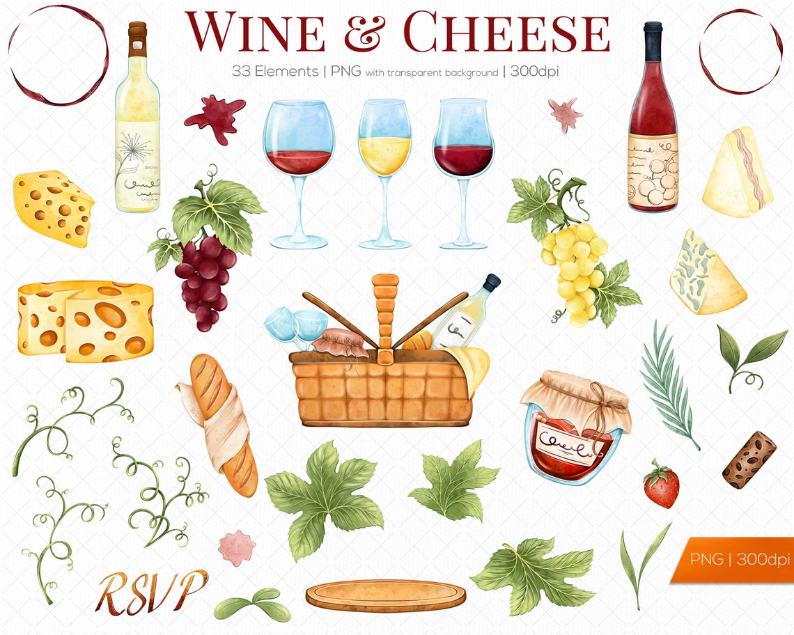 Wine Clipart Watercolor Wedding Clipart Cheese Clipart - Etsy