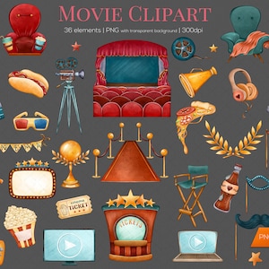 Movie Clipart | Movie Night Clipart | Cinema Clipart | Watercolor Film ...