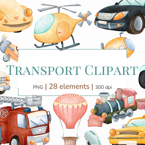 Watercolor Transport Clipart / Cartoon Cars / Nursery Art - Etsy