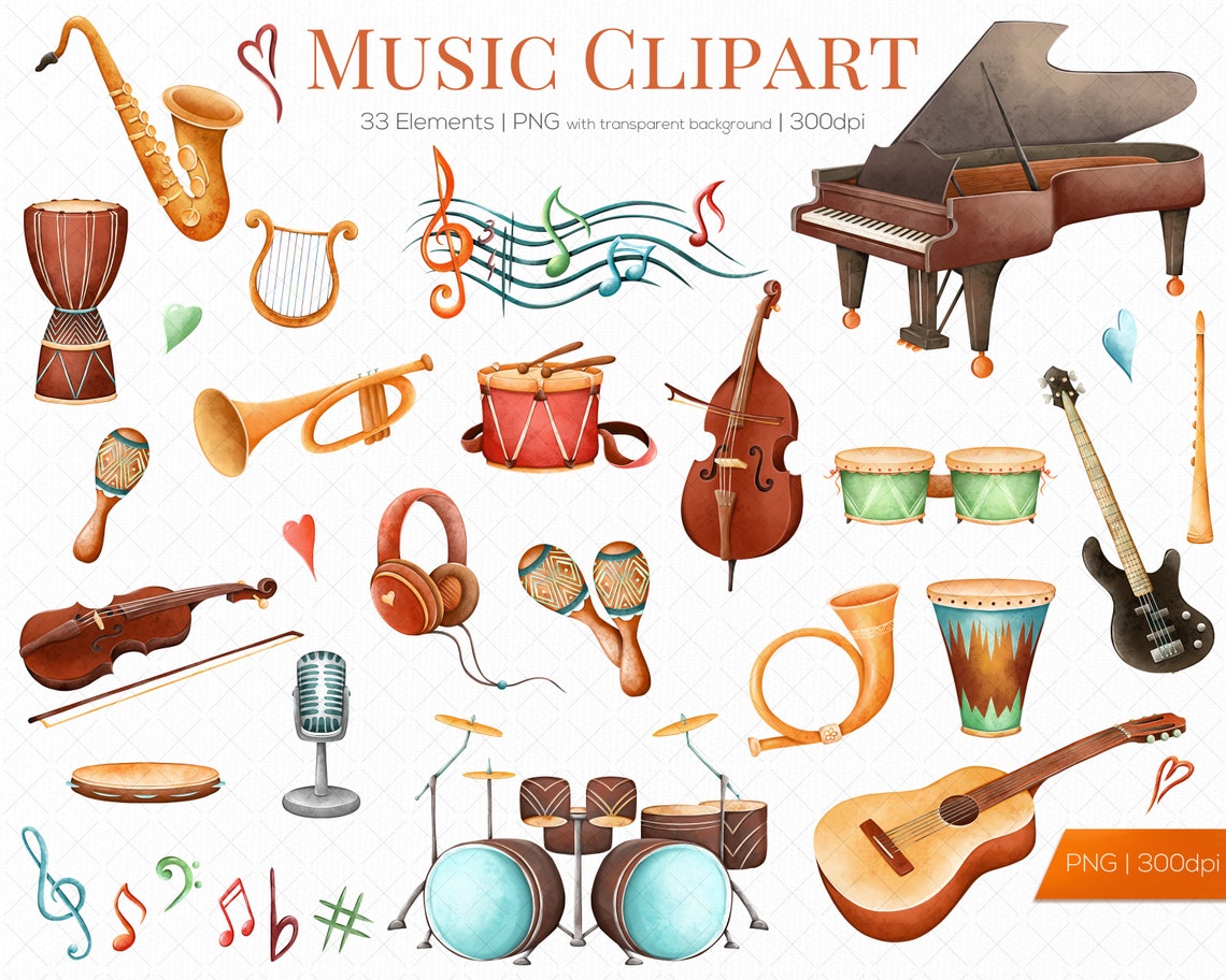 Music Clipart Png Digital Watercolor Musical Instruments - Etsy