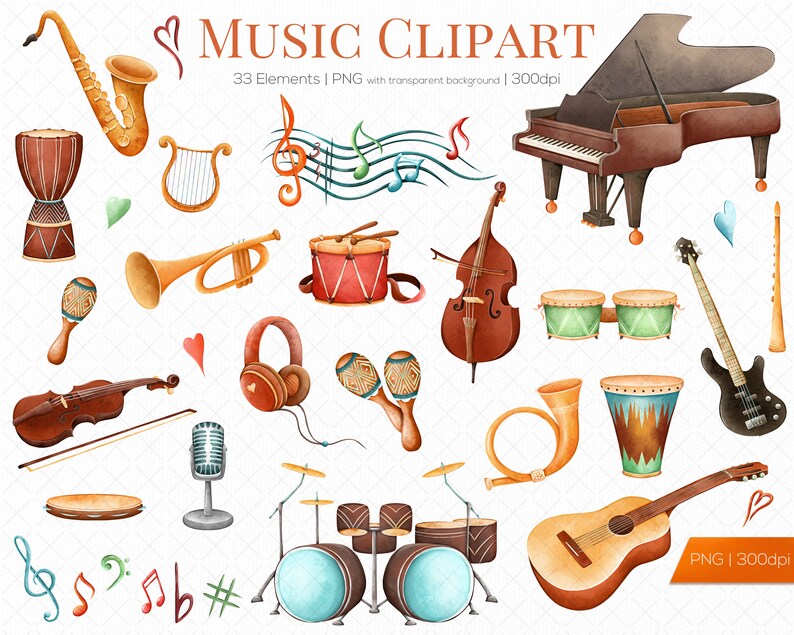 Music Clipart Png Digital Watercolor Musical Instruments - Etsy